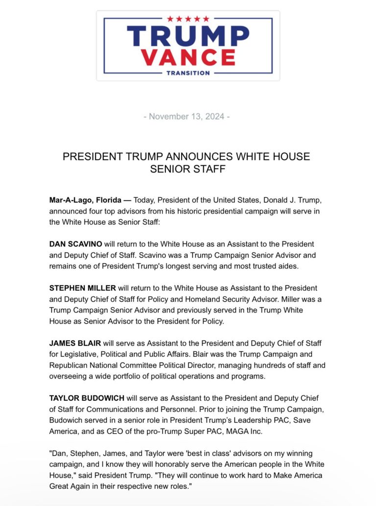 BREAKING: President Trump announces his senior White House staff – The ...